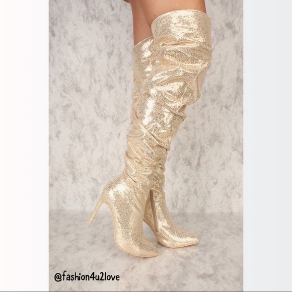 Weeboo | Shoes | Sexy Gold Shimmering Pointy Toe Thigh High Boots ...